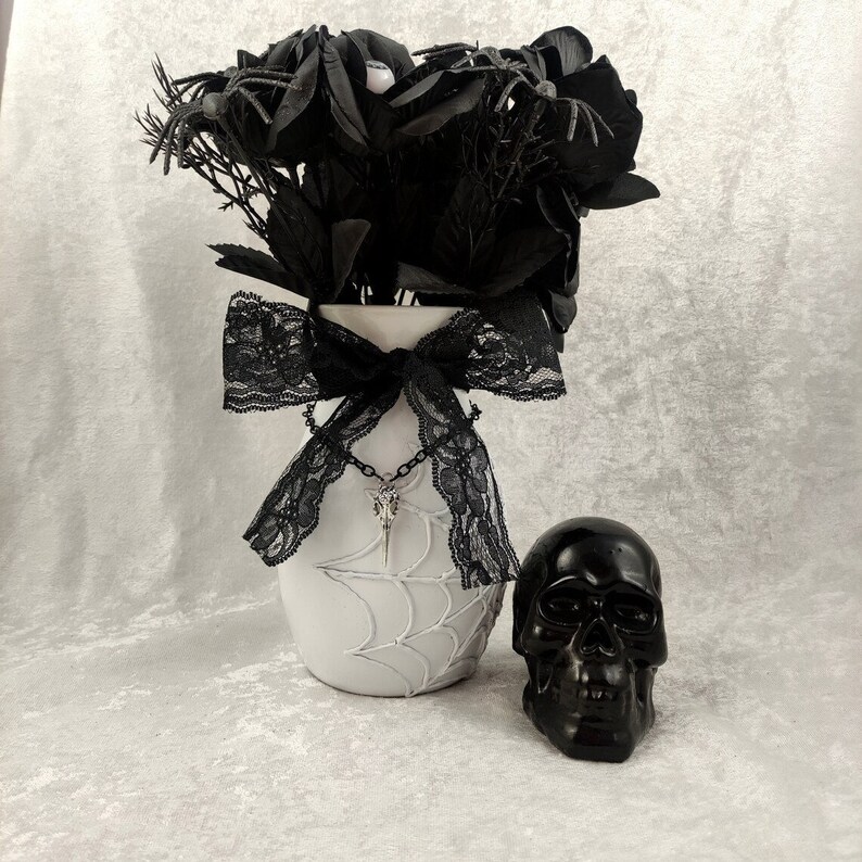 SPIDER WEB White Decorative Glass Vase With Black Lace Bow & - Etsy