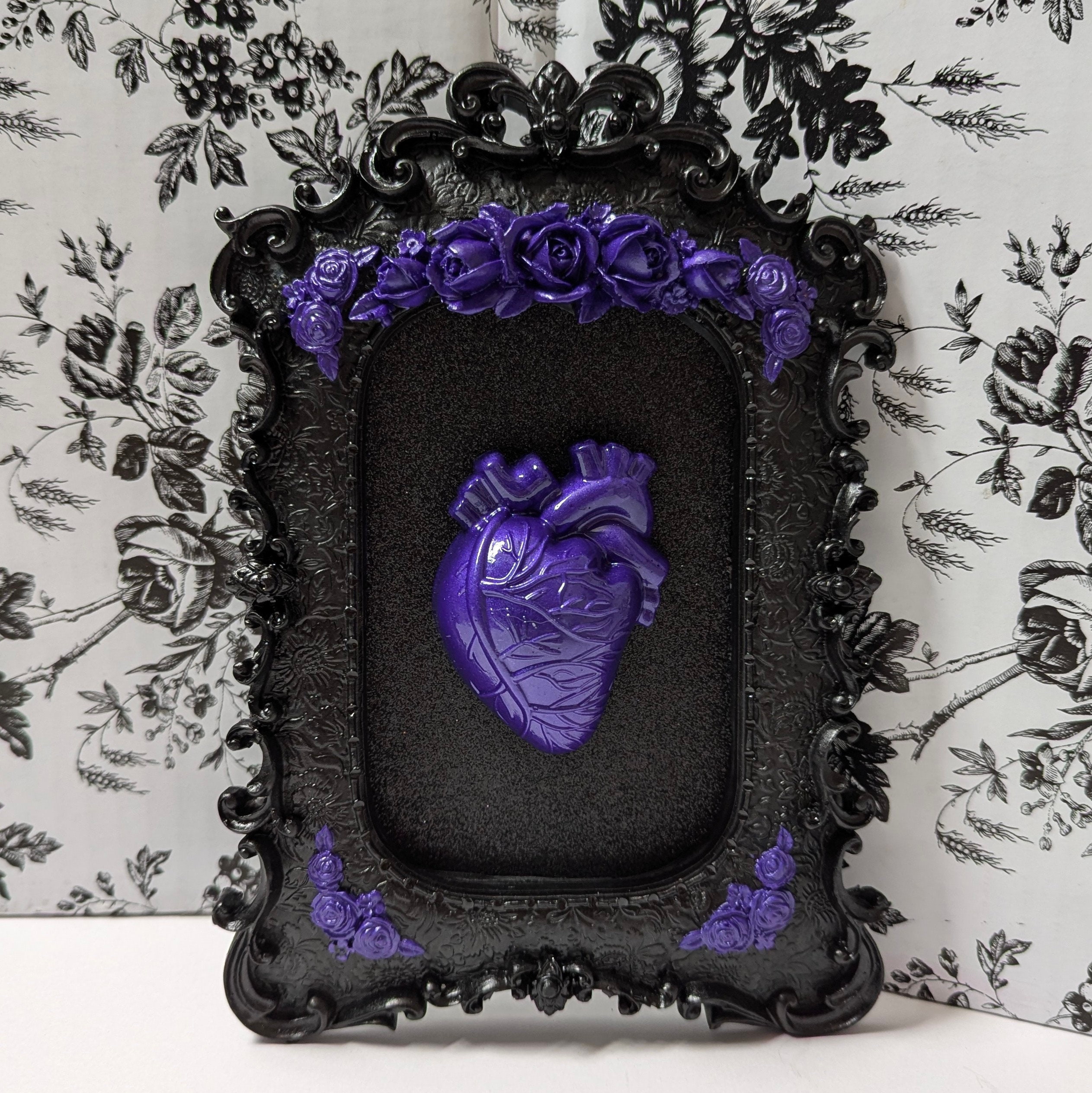 Purple Heart on Black Glitter •ornate Floral Handmade Resin+board Frame ...