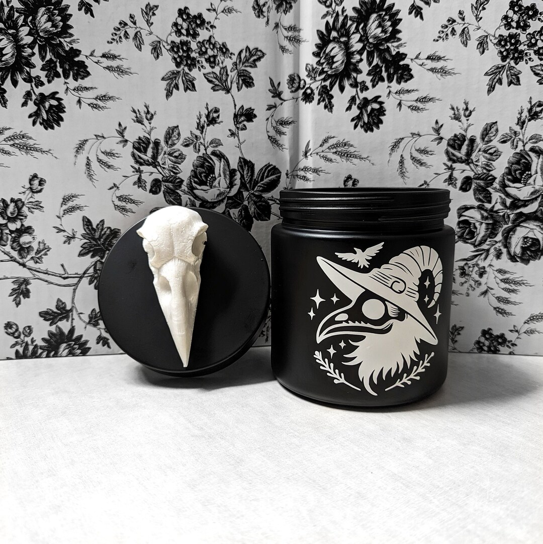 5.5" Witchy Raven Skull Container W/ Resin Skull Lid • Gothic Glass ...