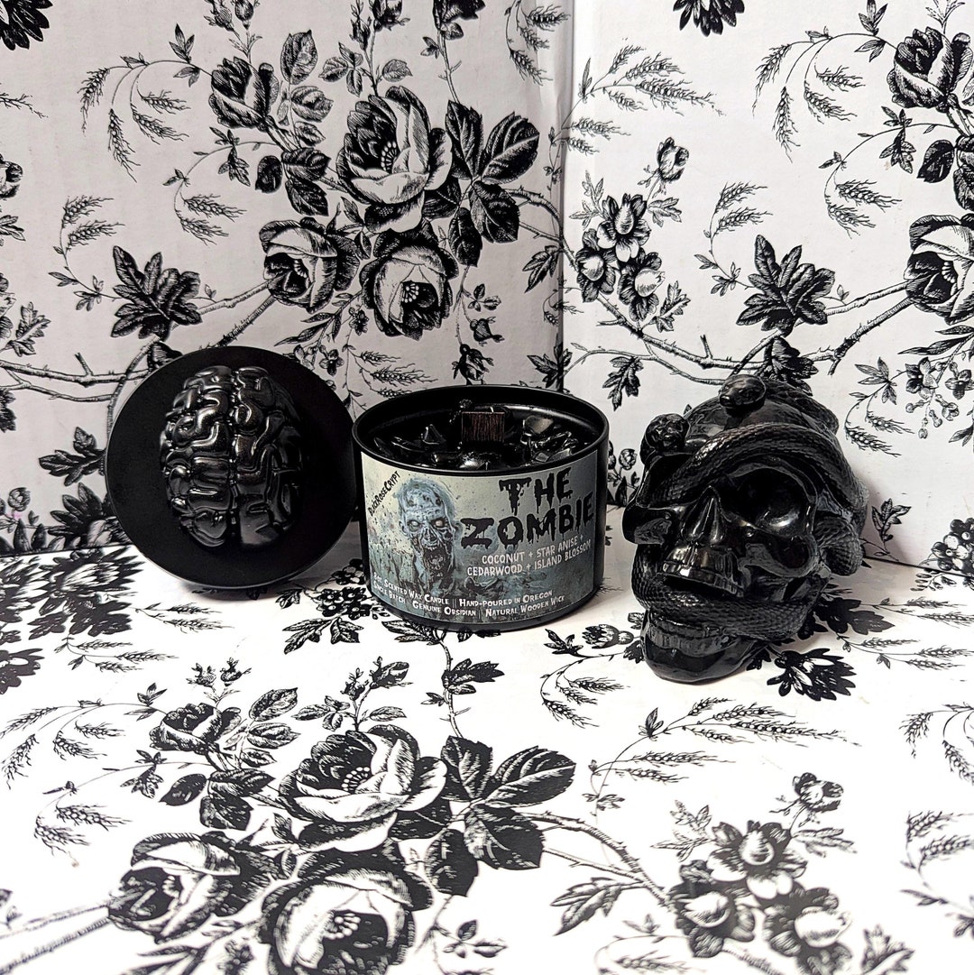 8 Oz. Black Coconut • THE ZOMBIE Candle With Obsidian Stones & Brain ...