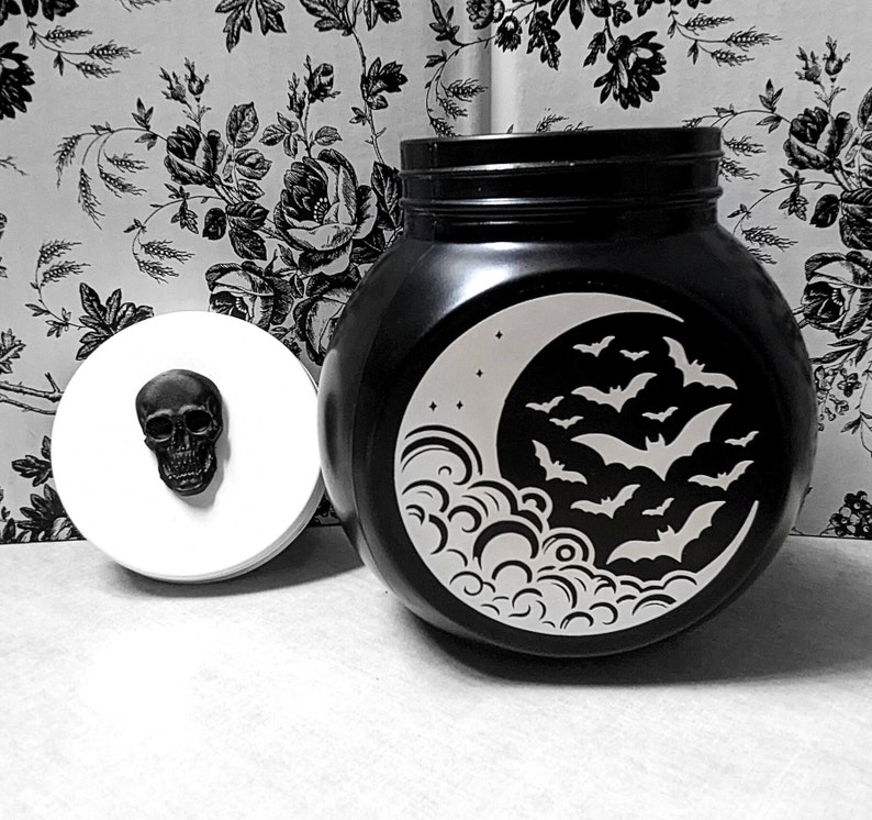 Crescent Moon + Bats Container | Black Glass Gothic Candy Jar/kitchen ...