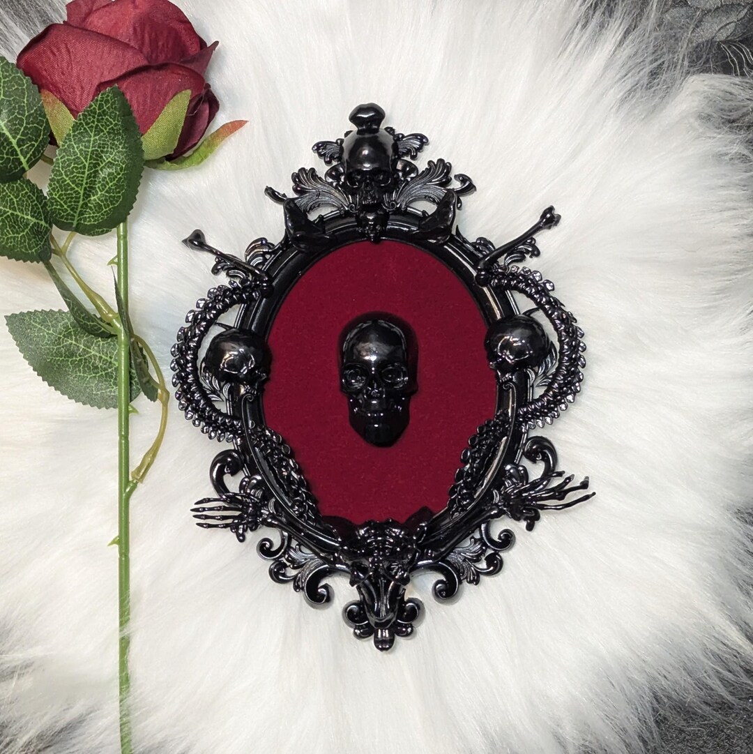 Gothic Black Skull & Bones Wall Art Hanging on Red Velvet - Ornate ...