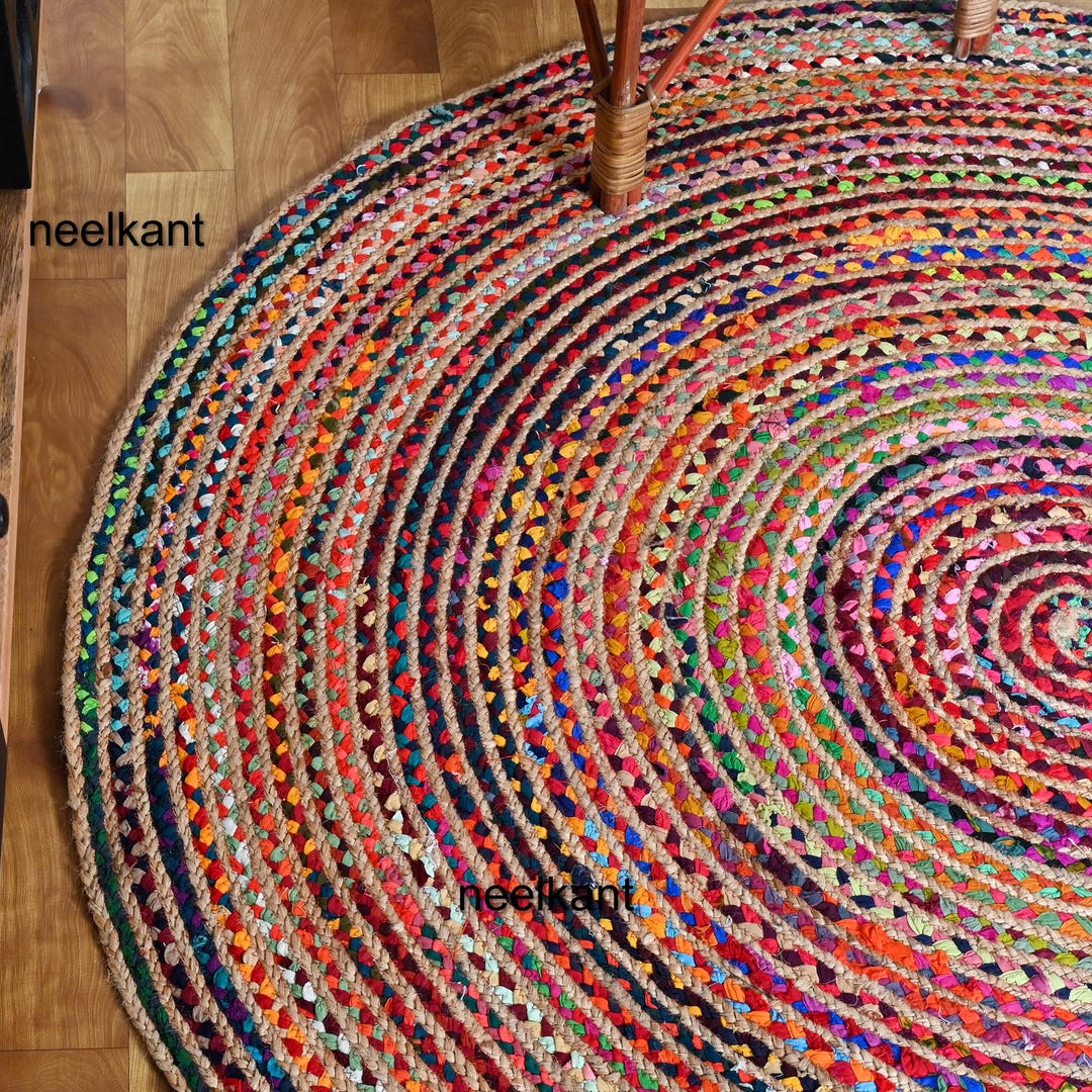 Natural Indian Handmade Jute Cotton Round Chindi Rug, Multicolor Decor ...