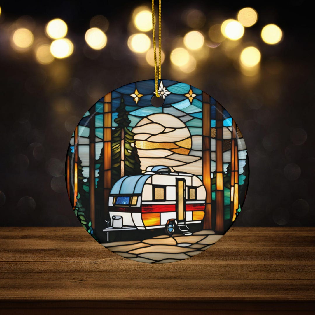 Camping Travel Trailer RV Ceramic Ornament, Faux Stained Glass Ornament ...