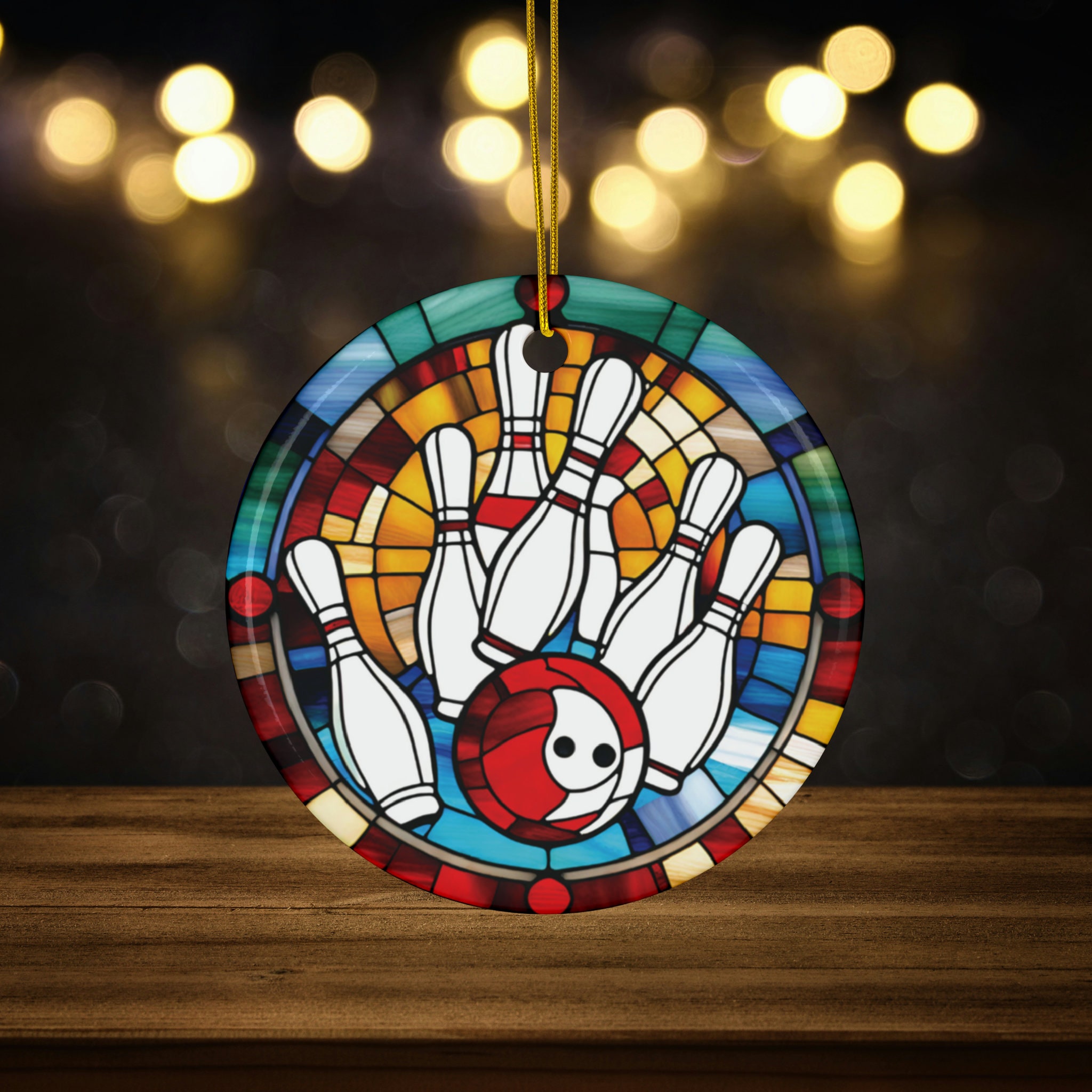 Stained Glass Design Bowling Pins Ceramic Ornament, Bowling Ball ...