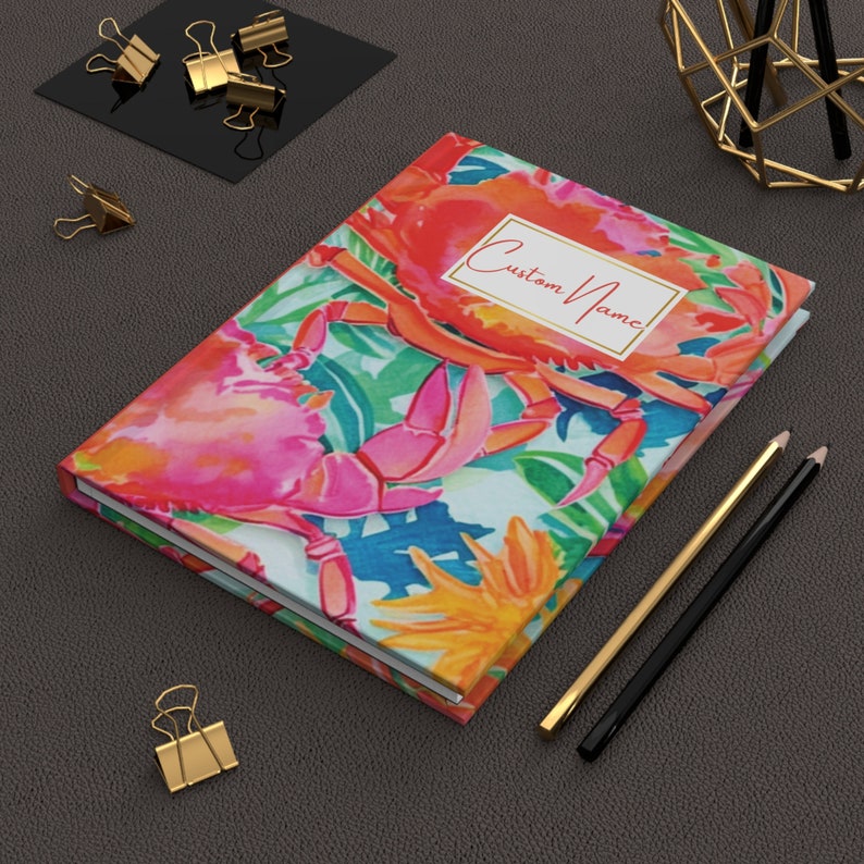 Personalized Name Tropical Journal, Colorful Watercolor Red Crab Beach ...