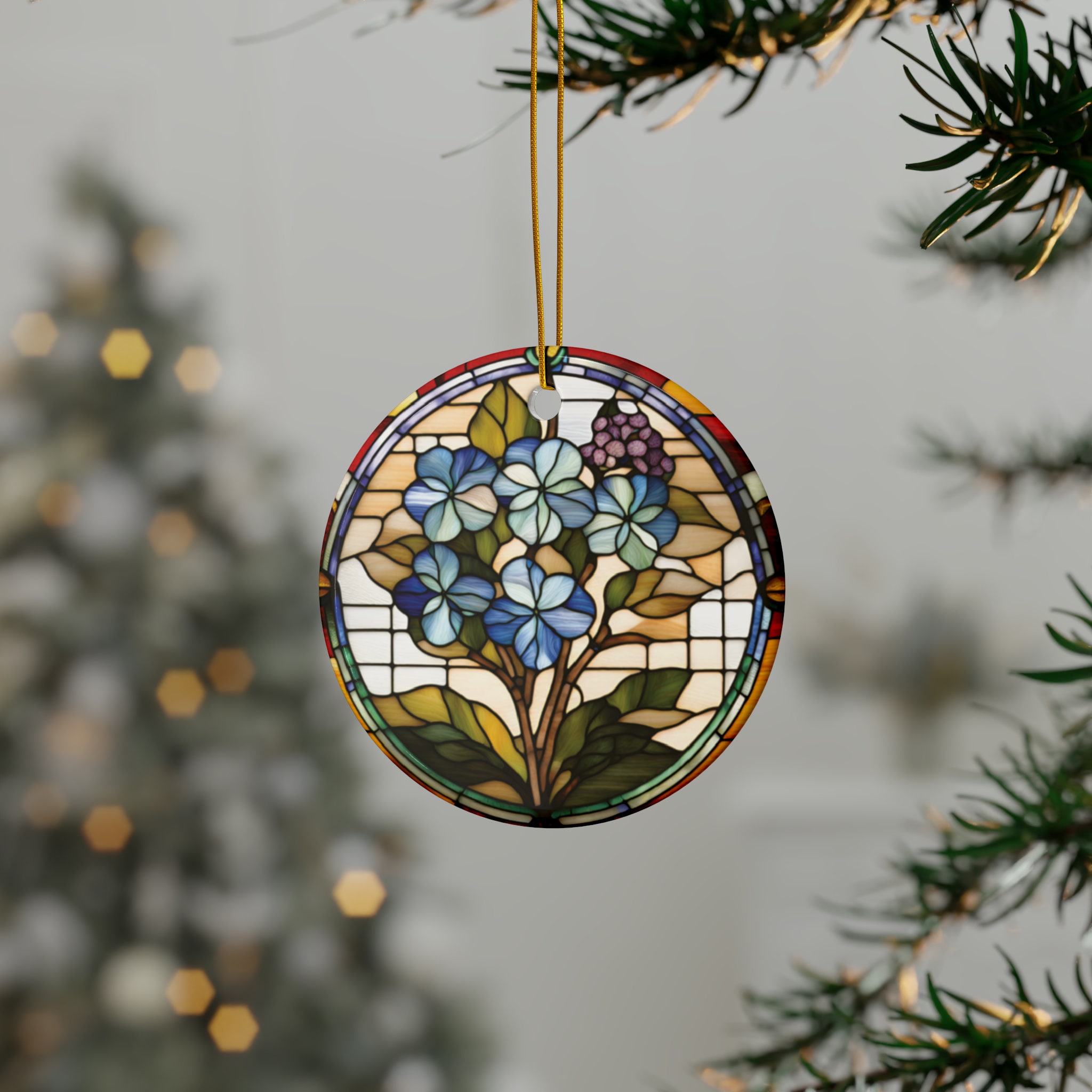 Pastel Blue Hydrangea Faux Stained Glass Design Ceramic Ornament for ...