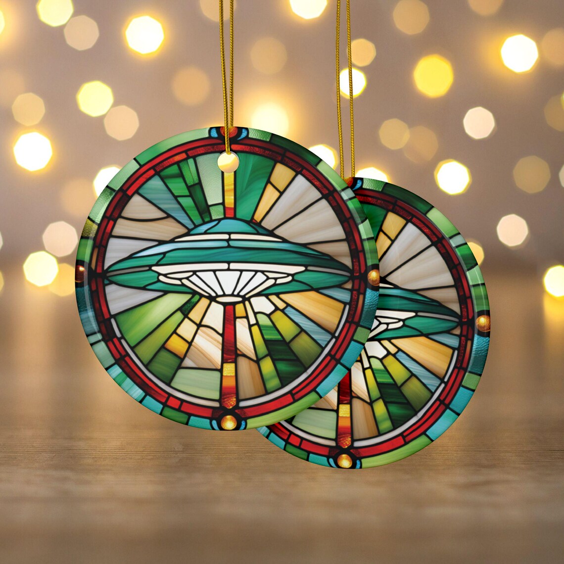 Alien UFO Ceramic Ornament, Faux Stained Glass, Alien Abduction ...