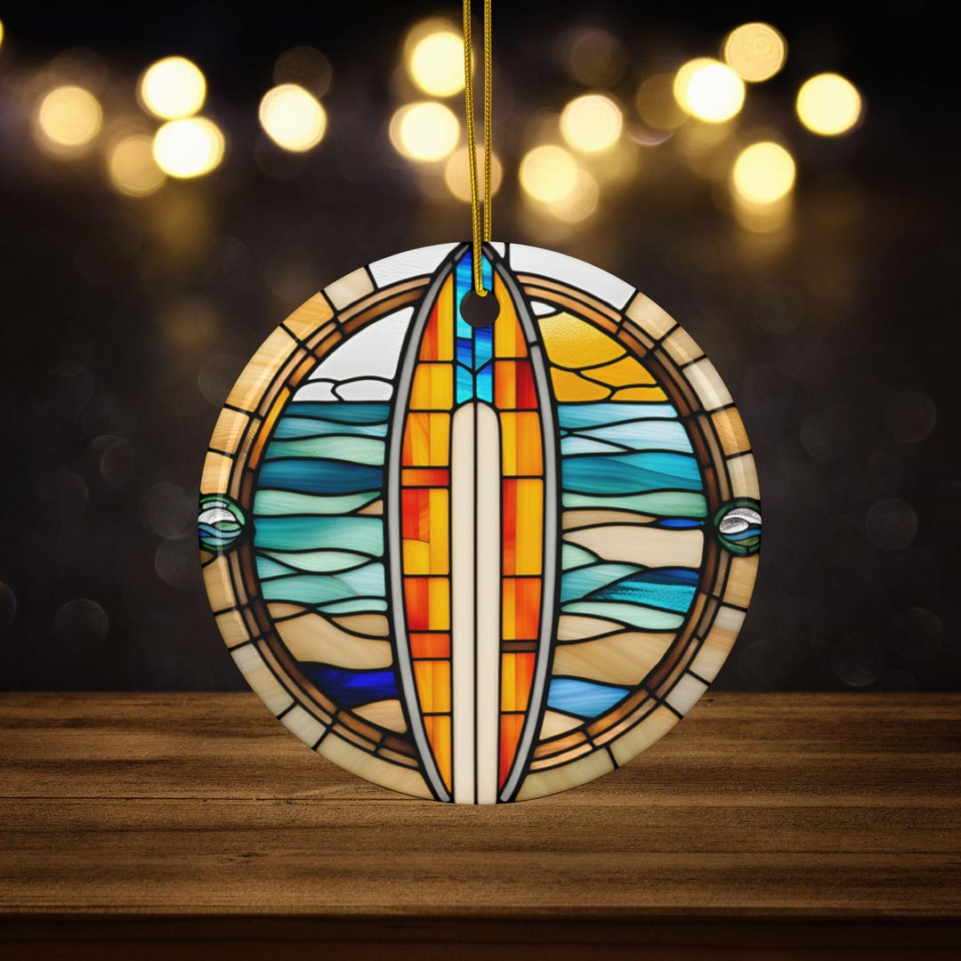 Surfboard on Beach Ceramic Ornament, Faux Stained Glass, Surfing ...