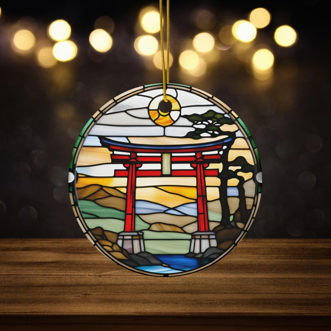 Shinto Shrine Ceramic Ornament, Faux Stained Glass, Japanese Ornament ...