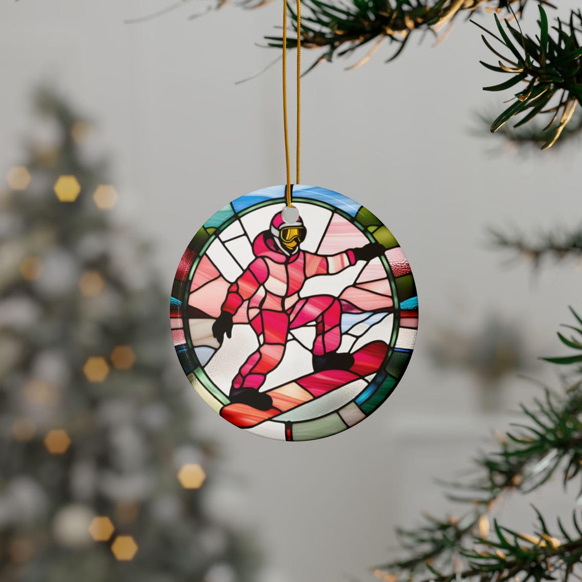 Pink Snowboarding Girl Ceramic Ornament, Faux Stained Glass ...