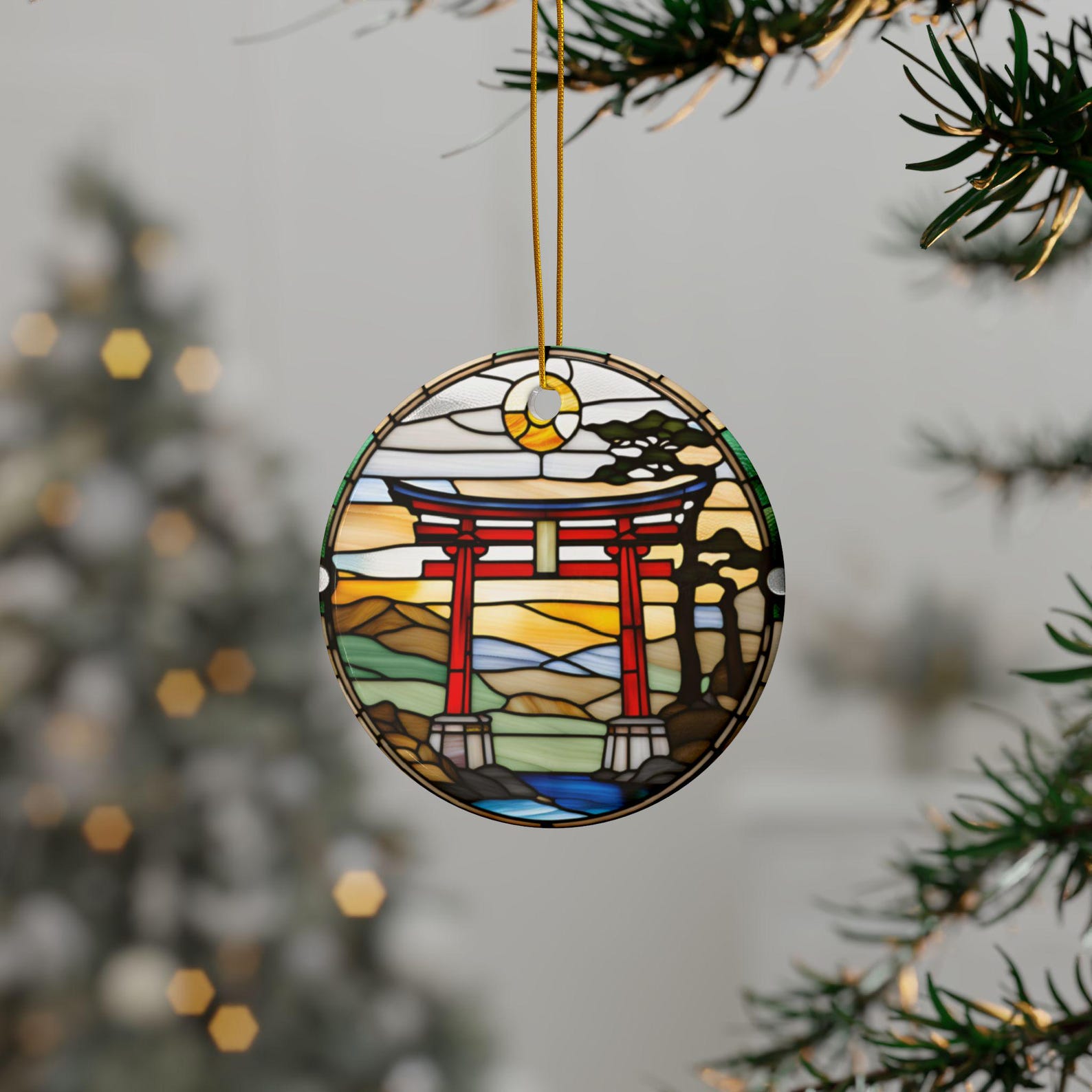 Shinto Shrine Ceramic Ornament, Faux Stained Glass, Japanese Ornament ...