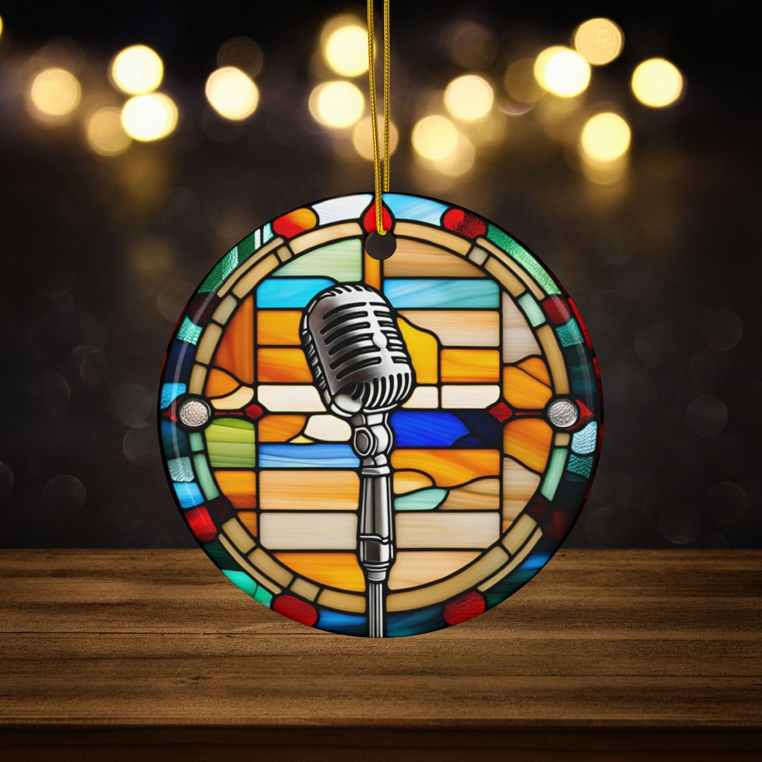 Retro Microphone Ceramic Ornament, Faux Stained Glass, Mic Ornament for ...