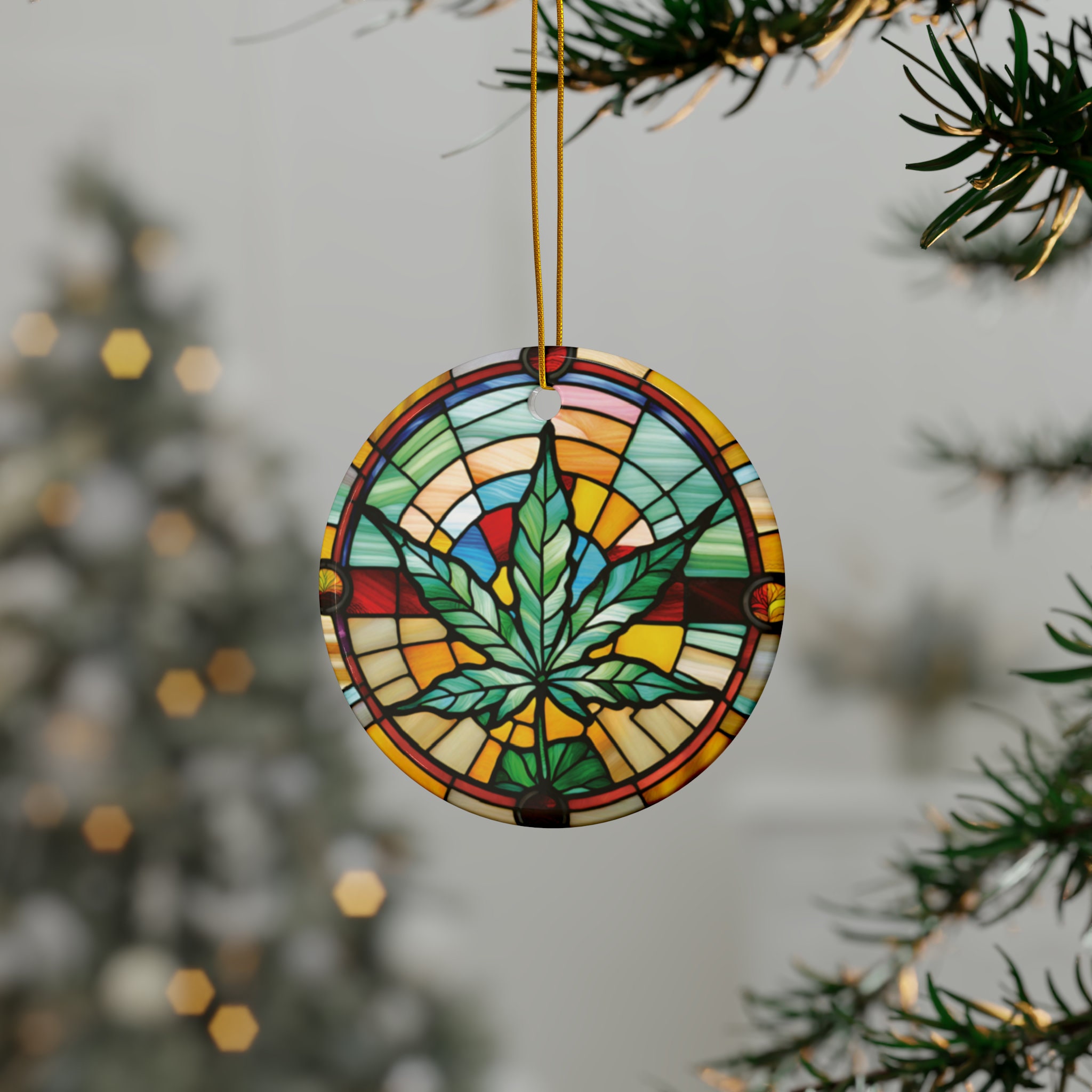 Weed Leaf Plant Faux Stained Glass Design Ceramic Ornament, Marijuana ...