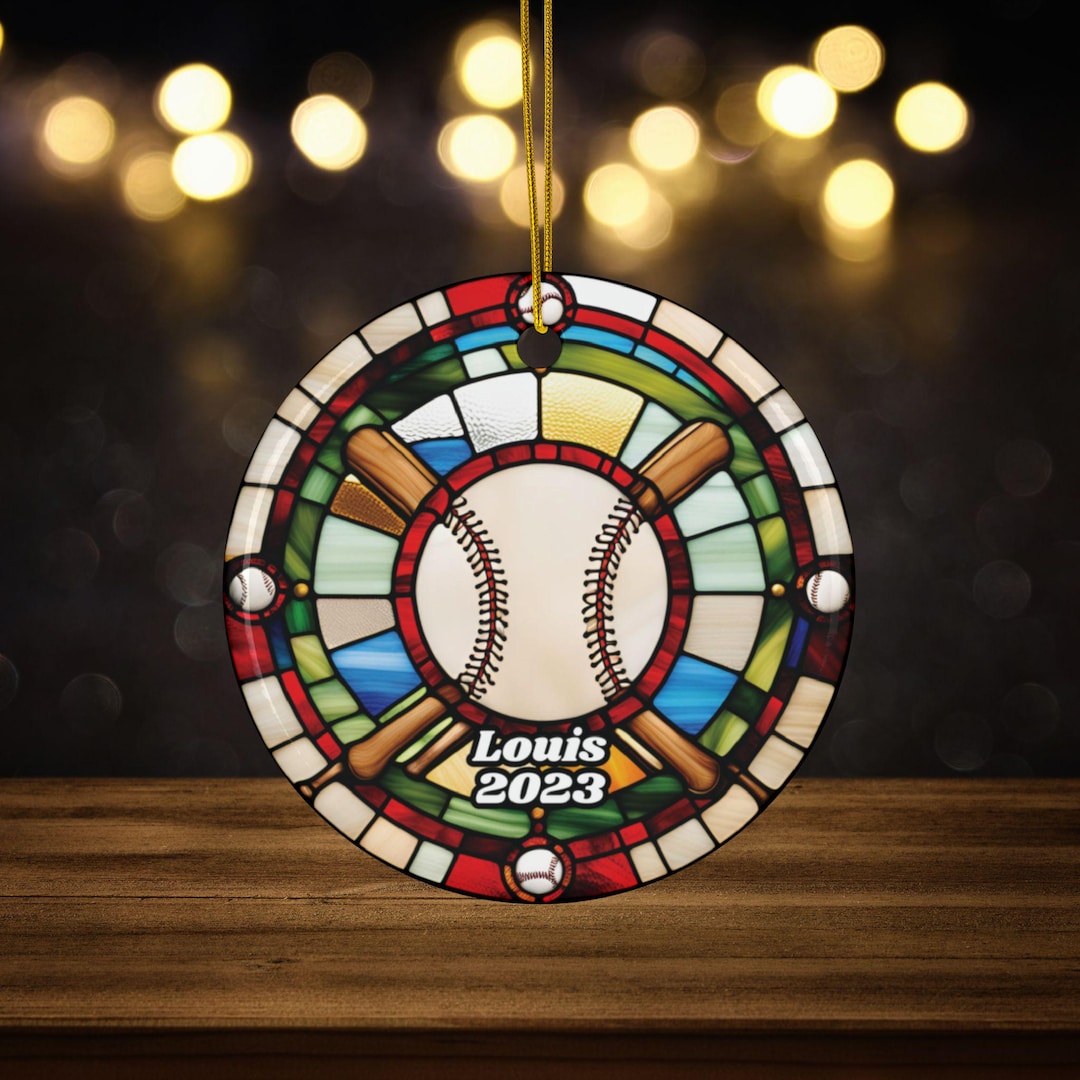Custom Baseball and Bat Ceramic Ornament, Faux Stained Glass, Sport ...