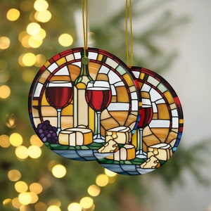 Red Wine and Cheese Faux Stained Glass Ceramic Christmas Ornament Gift ...