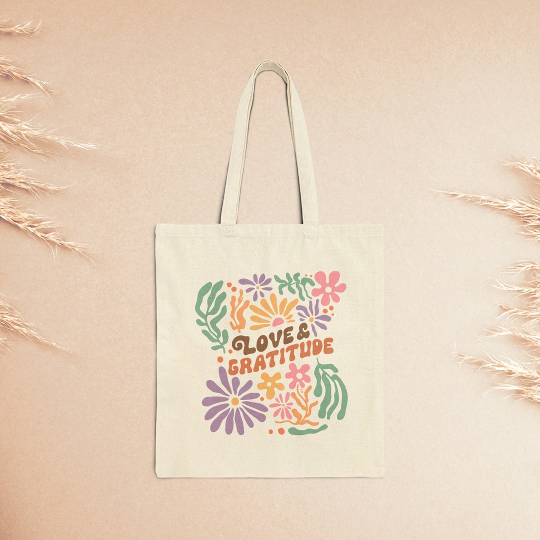 Love and Gratitude Canvas Tote Bag, Cute Boho Floral Tote for Girl ...