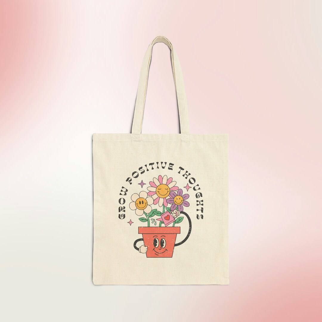 Grow Positive Thoughts Canvas Tote Bag, Cute Retro Flower Pot Tote for ...