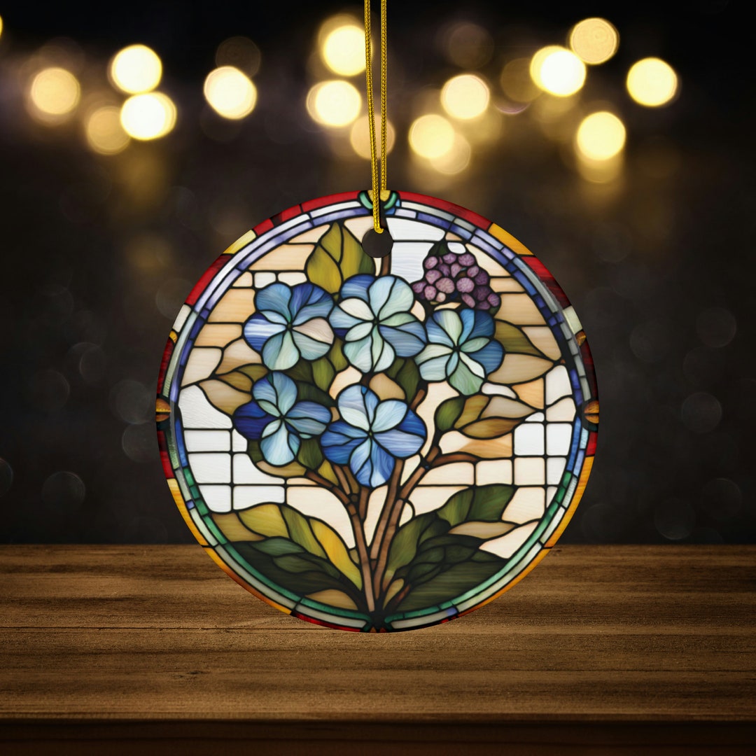 Pastel Blue Hydrangea Faux Stained Glass Design Ceramic Ornament for ...