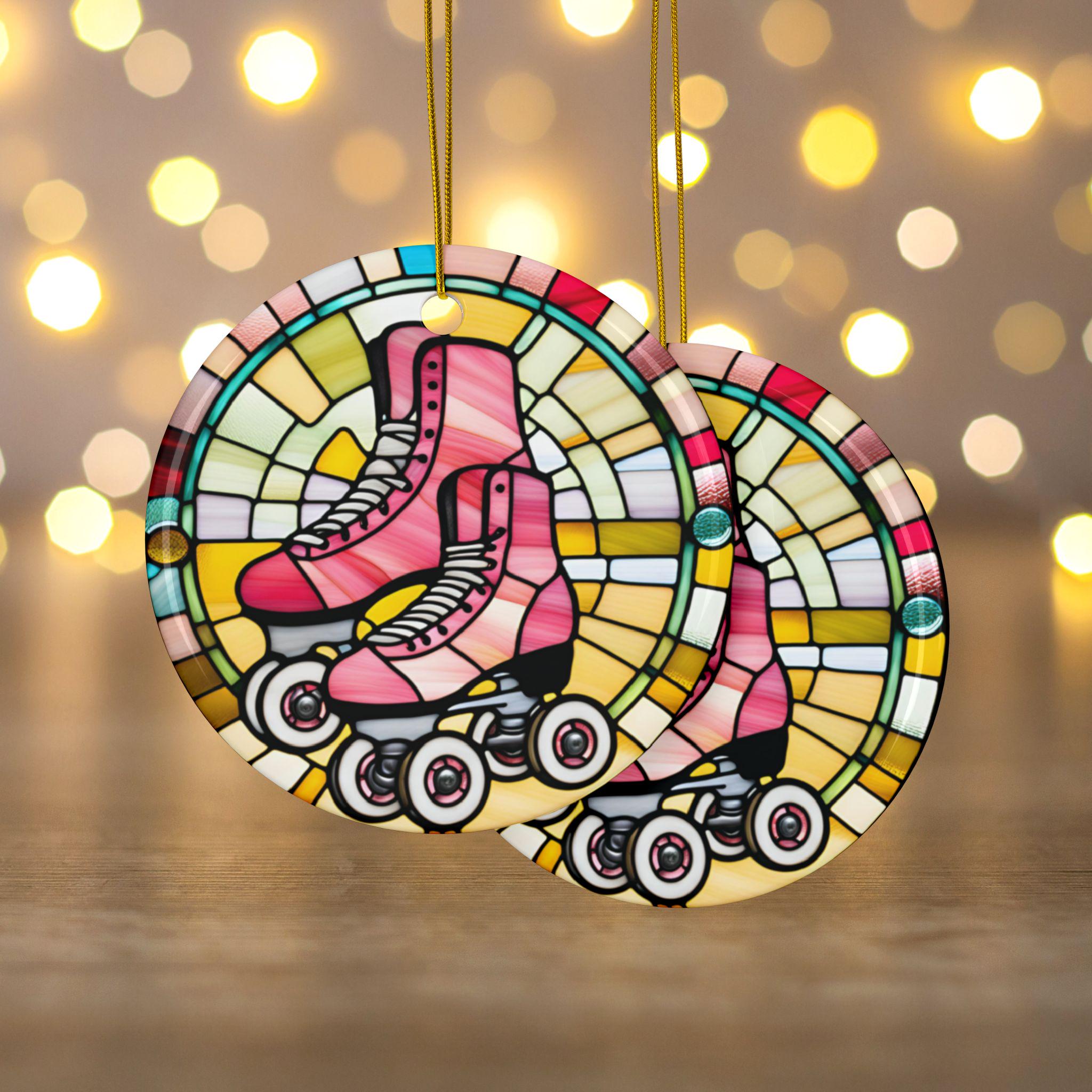 Pink Rollerskates Ceramic Ornament, Faux Stained Glass, Skating ...