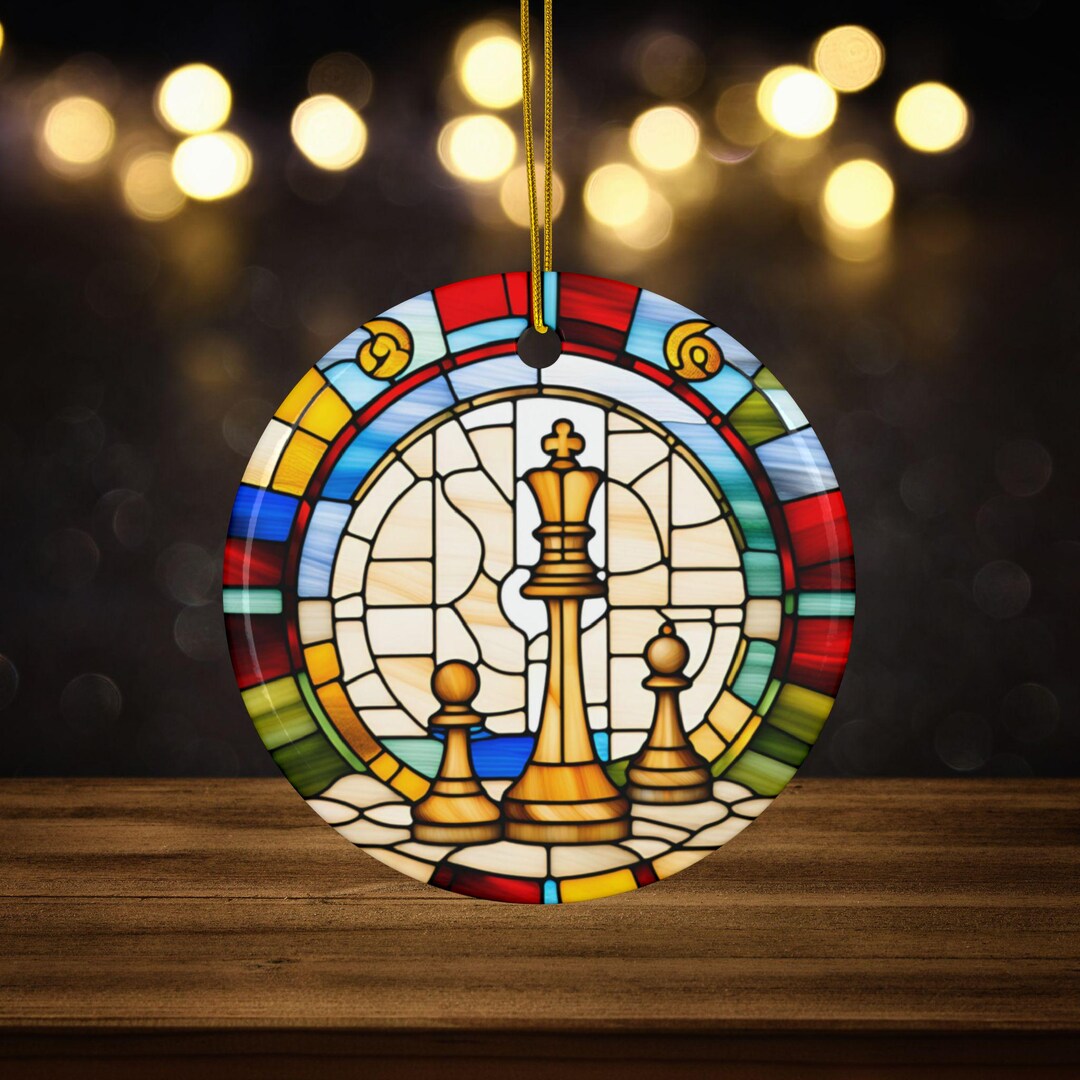 Chess Pieces Ceramic Ornament, Faux Stained Glass, Chess Lover Ornament ...
