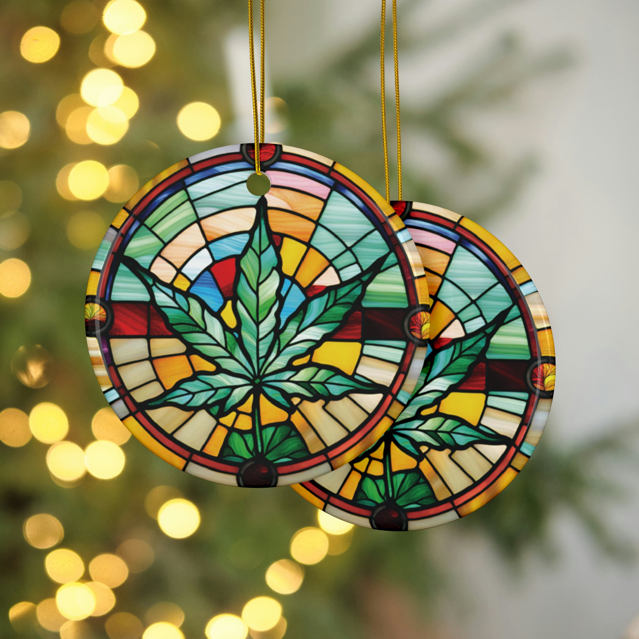 Weed Leaf Plant Faux Stained Glass Design Ceramic Ornament, Marijuana ...