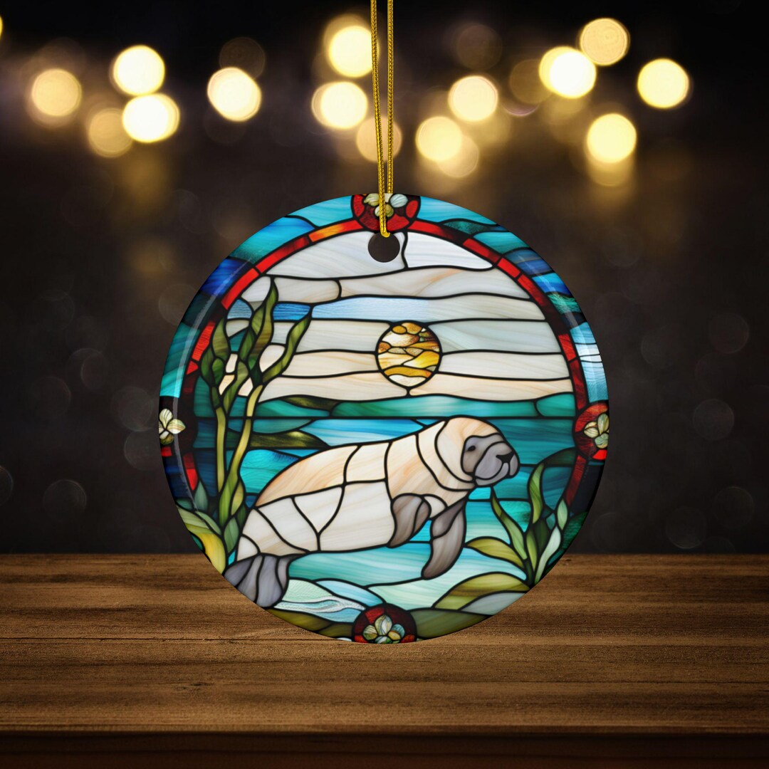 Manatee Ceramic Ornament, Faux Stained Glass Ornament for Manatee ...