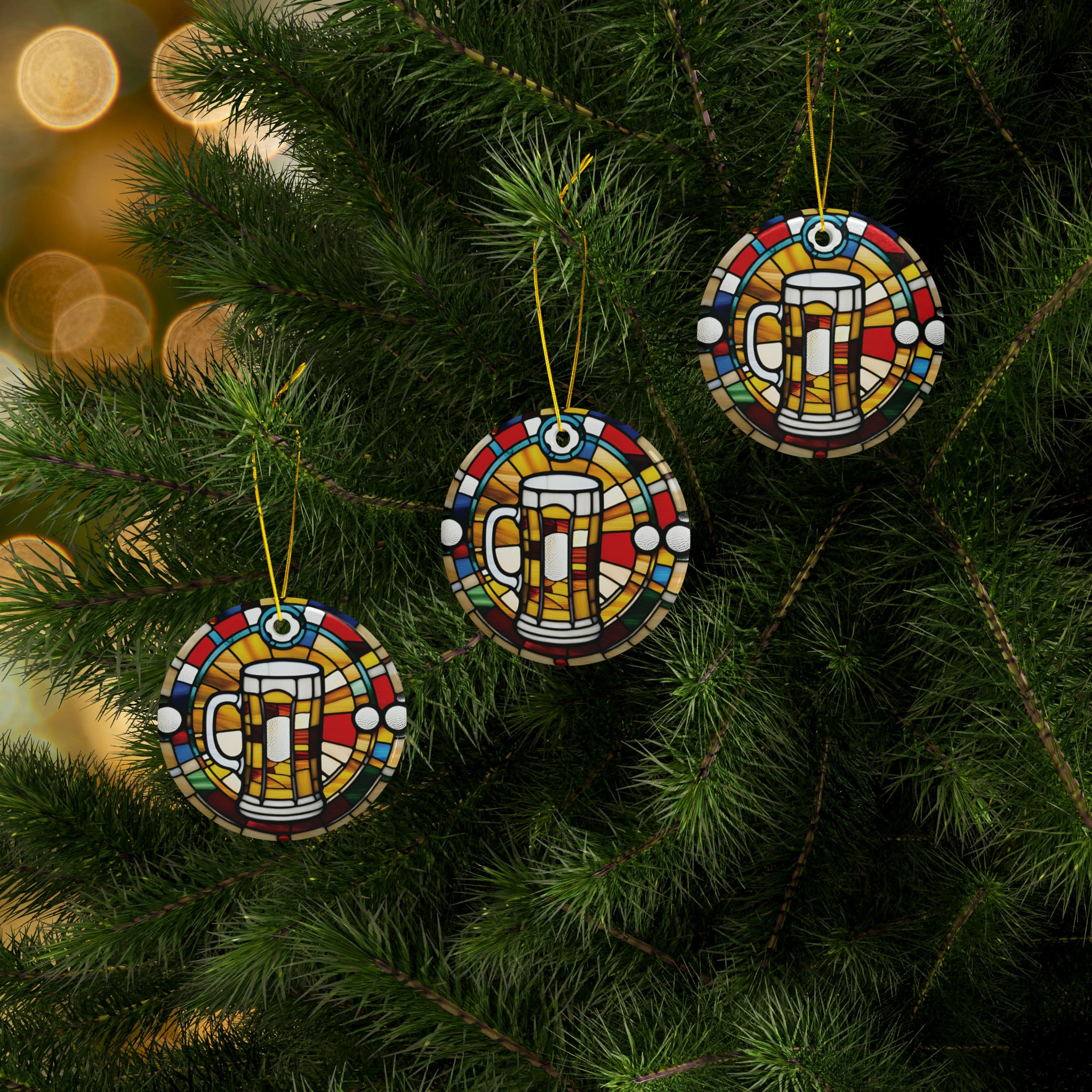 Foamy Beer Drink Faux Stained Glass Design Ceramic Ornament for Mens ...