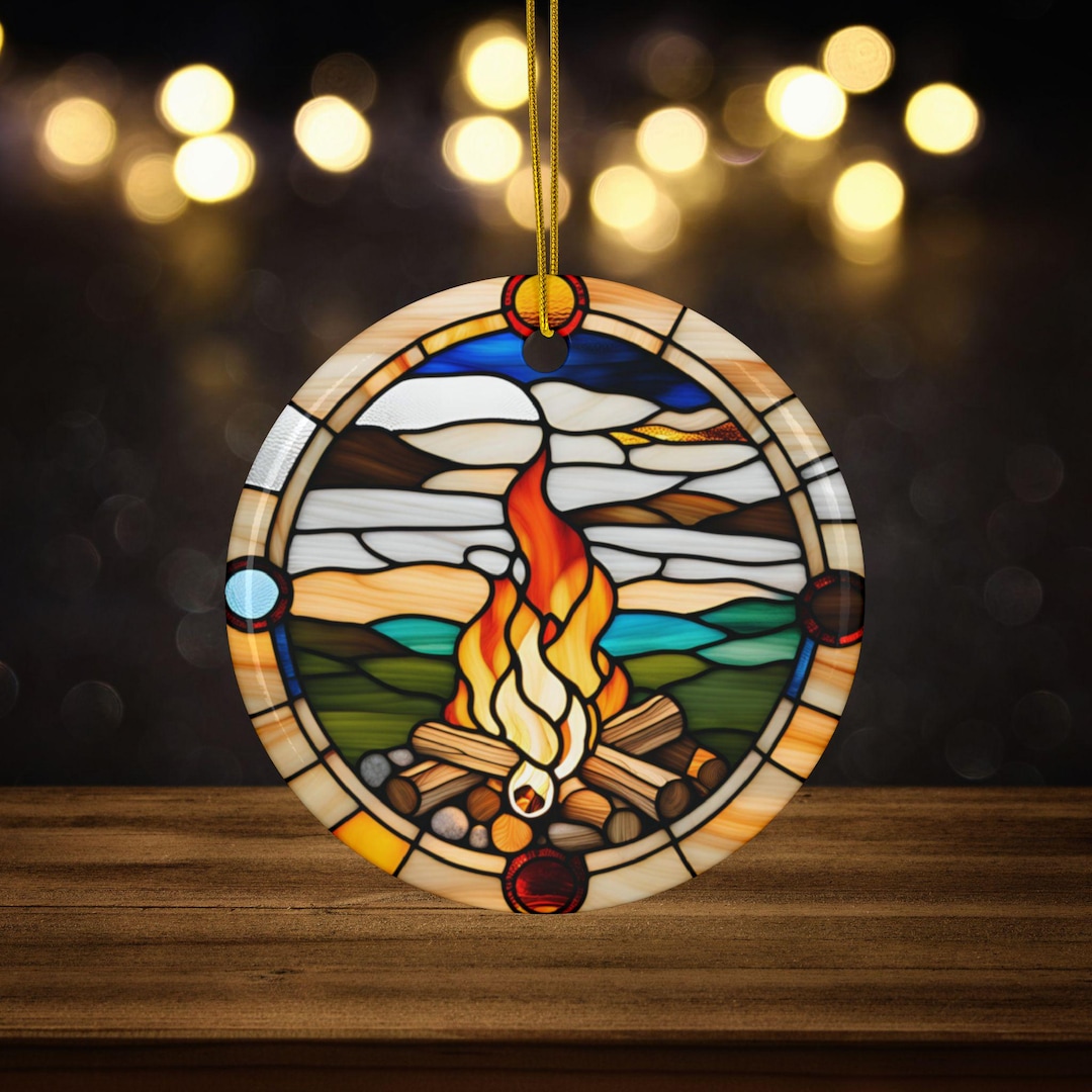 Campfire Bonfire Ceramic Ornament, Faux Stained Glass, Hiker Camp Tent ...