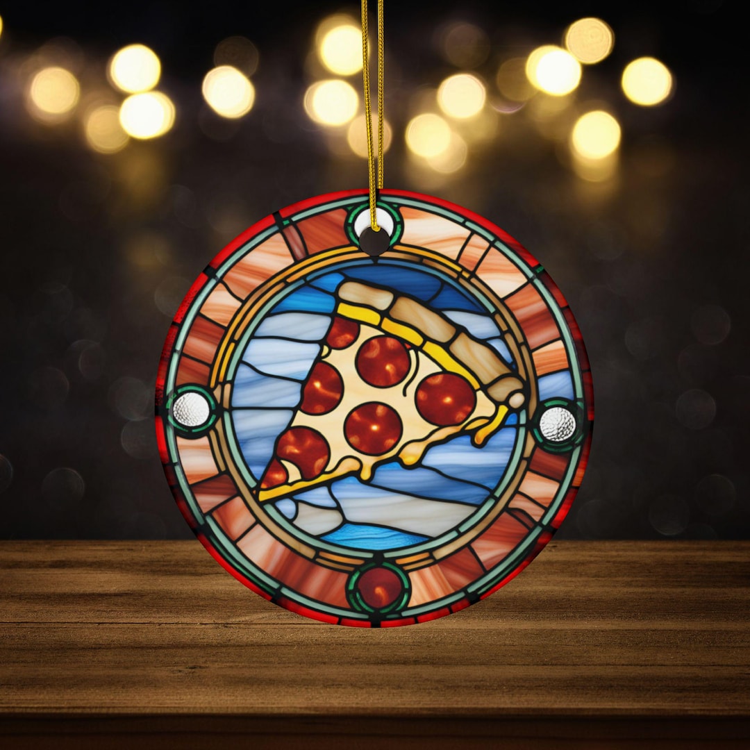 Slice of Pepperoni Basil Pizza Faux Stained Glass Design Ceramic ...