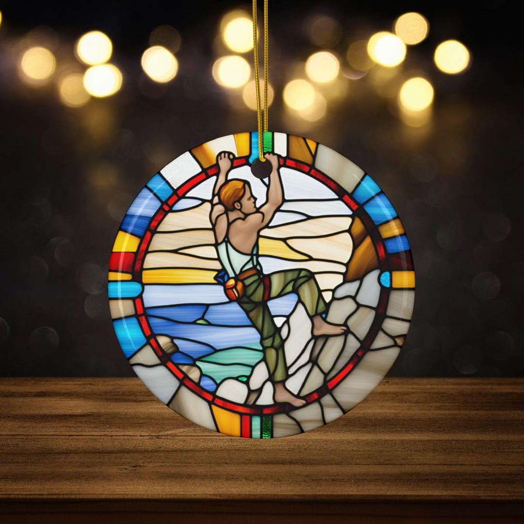Mountain Rock Climber Bouldering Ceramic Ornament, Faux Stained Glass ...