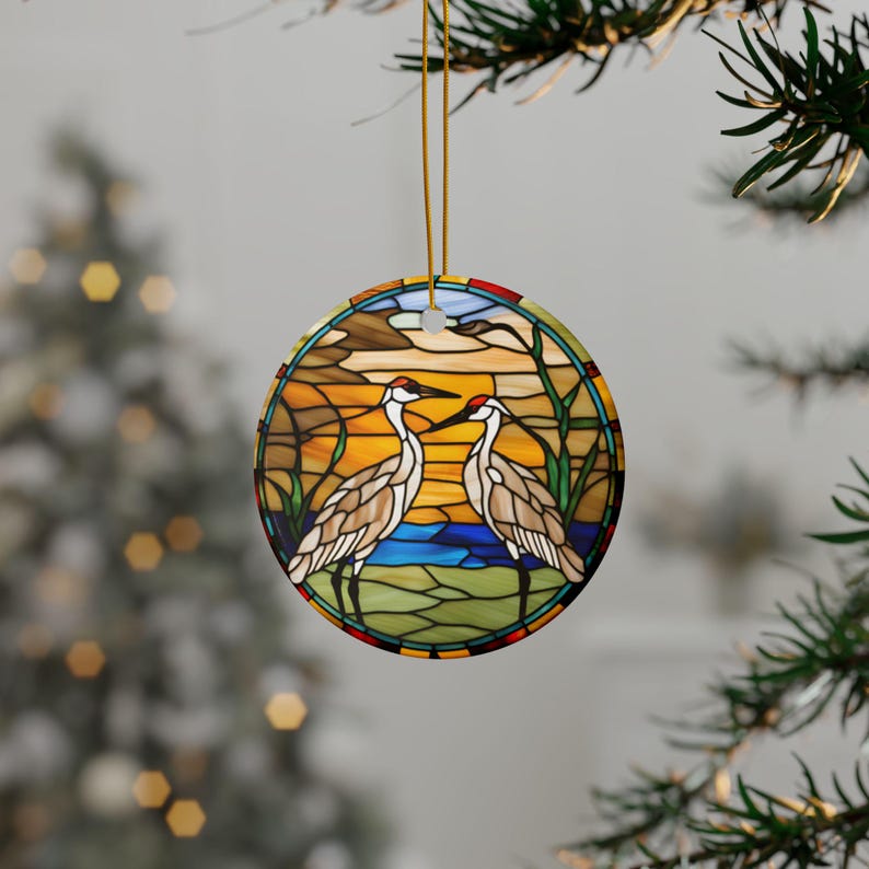 Sandhill Crane Ceramic Ornament, Faux Stained Glass Ornament for Bird ...