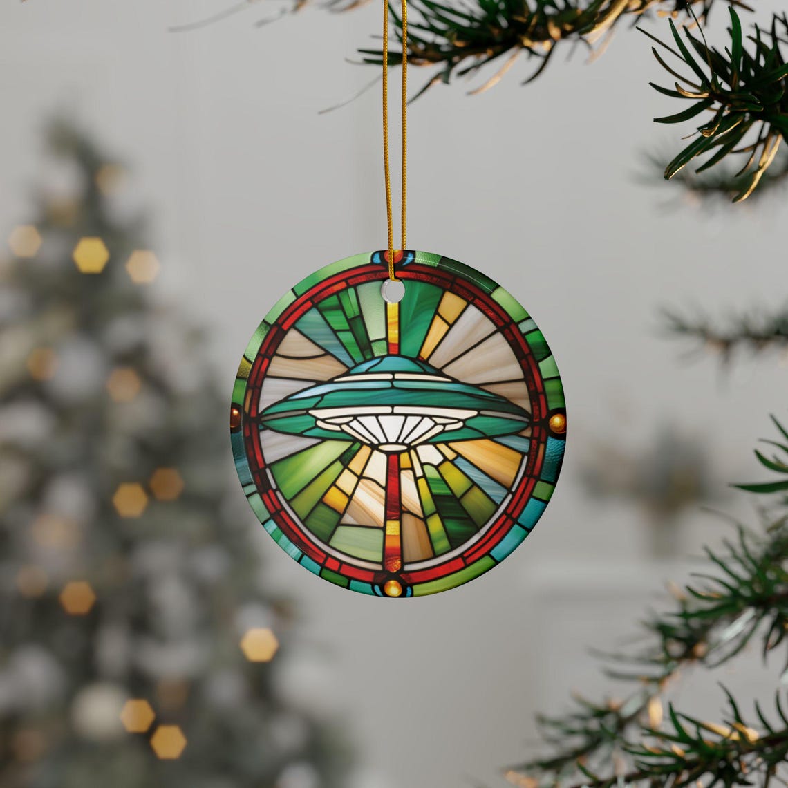 Alien UFO Ceramic Ornament, Faux Stained Glass, Alien Abduction ...