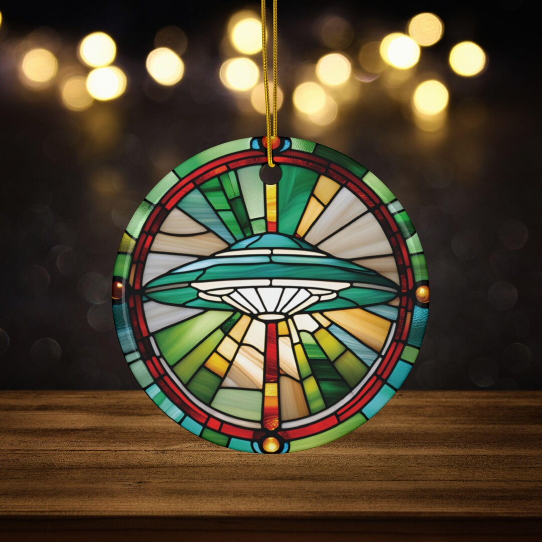Alien UFO Ceramic Ornament, Faux Stained Glass, Alien Abduction ...