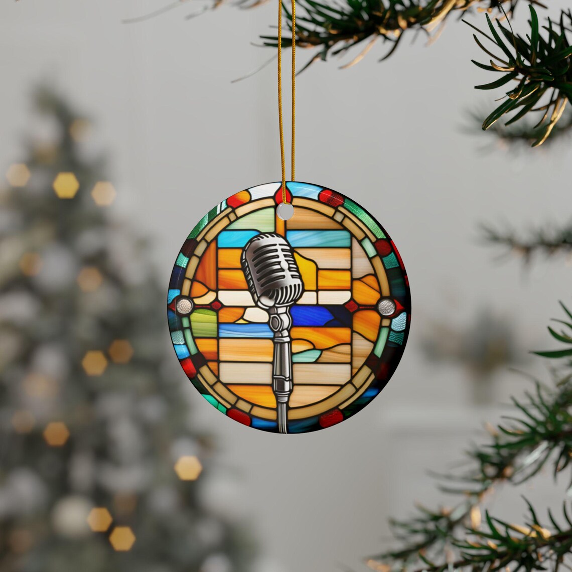 Retro Microphone Ceramic Ornament, Faux Stained Glass, Mic Ornament for ...