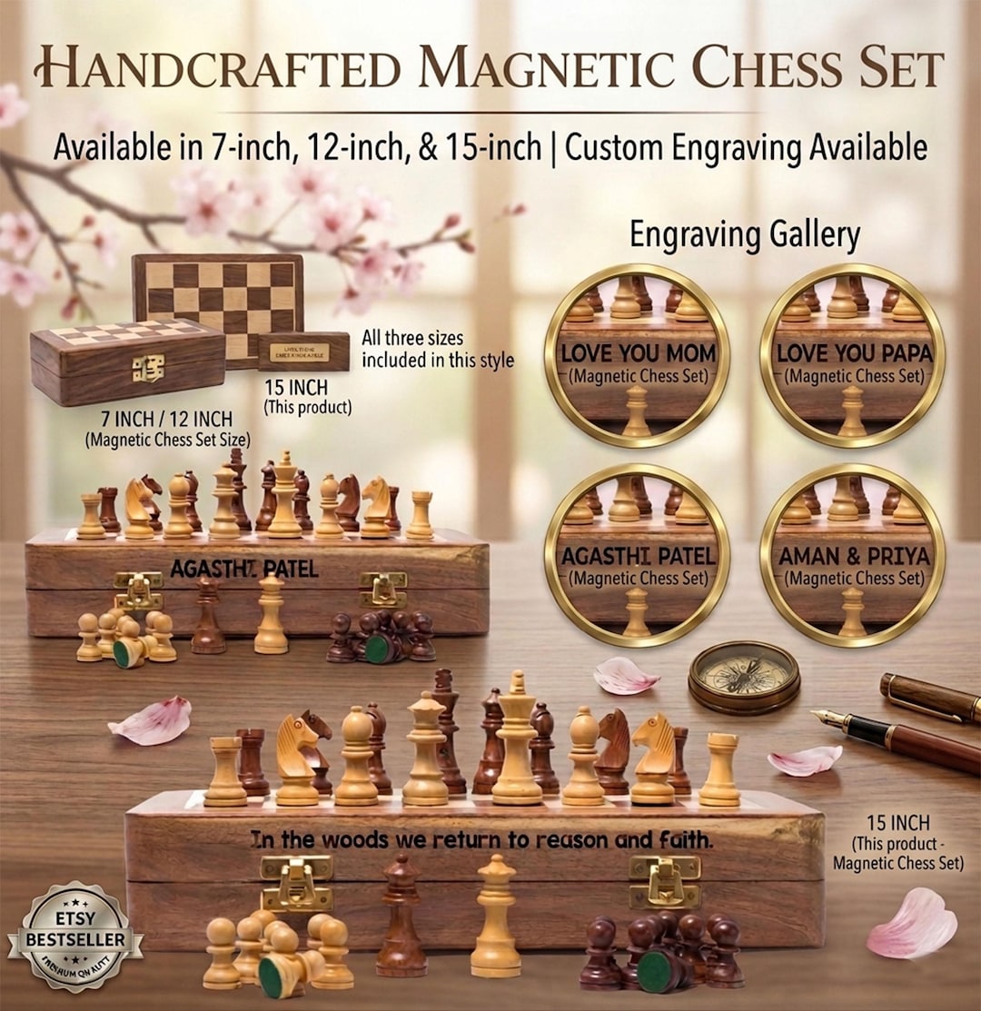 Handmade Chess Set, Custom Side Engraving, Wooden Board, 2 Extra Queens ...