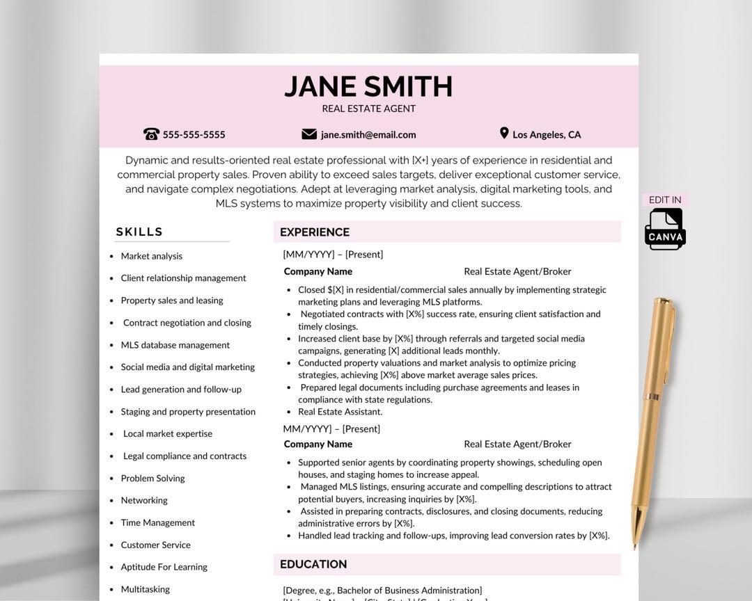 Real Estate Resume Template for Canva | Ats-friendly Realtor Resume ...