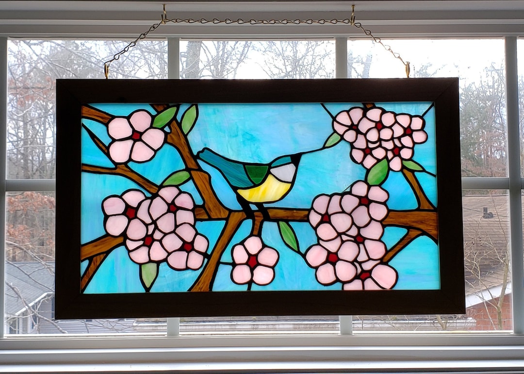 Stained Glass Pattern of Cherry Blossoms & Bird Including Cricut File ...