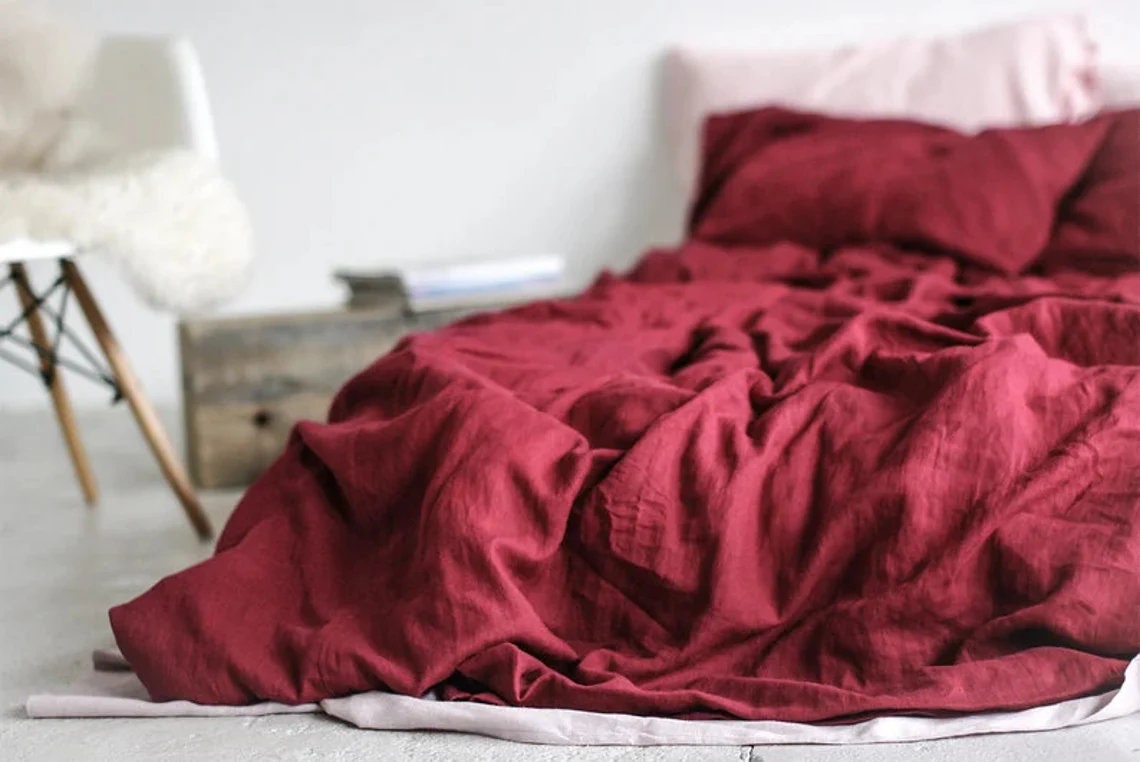 Maroon Color Washed Linen Duvet Cover Maroon Color Boho - Etsy