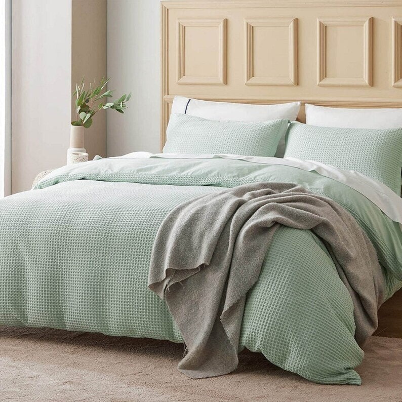 3 Pcs Sage Green Waffle Duvet Cover Washed Duvet Cover Waffle Bedding ...