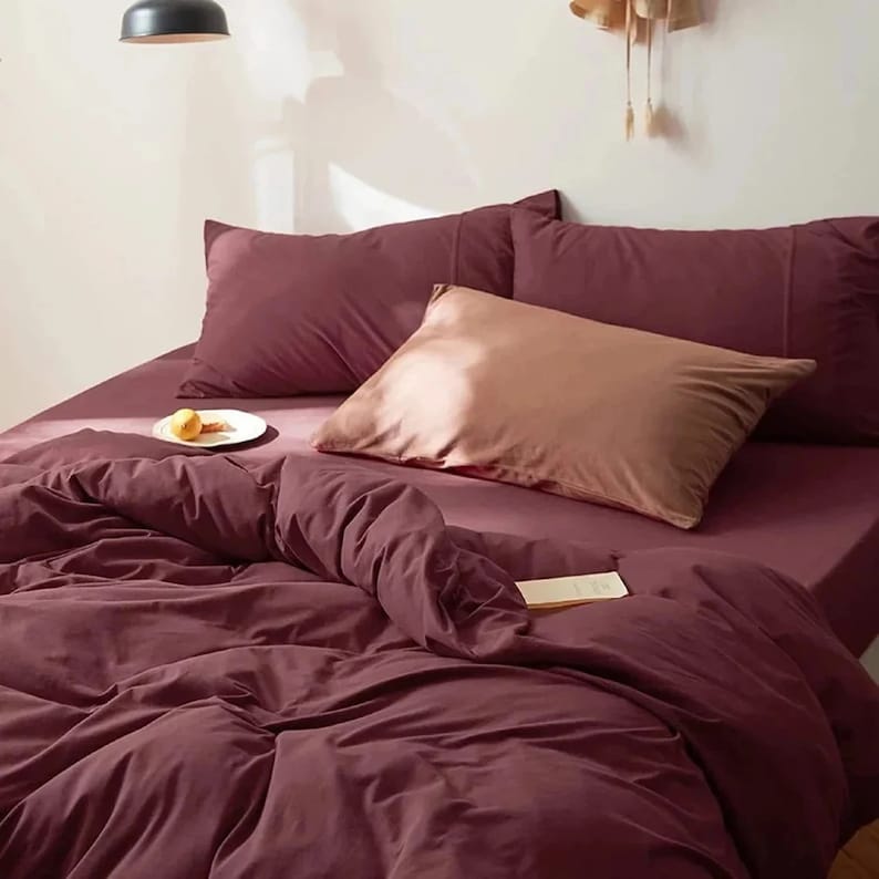 Cotton Maroon Color Bedding Set Washed Linen Duvet Cover Queen Size ...