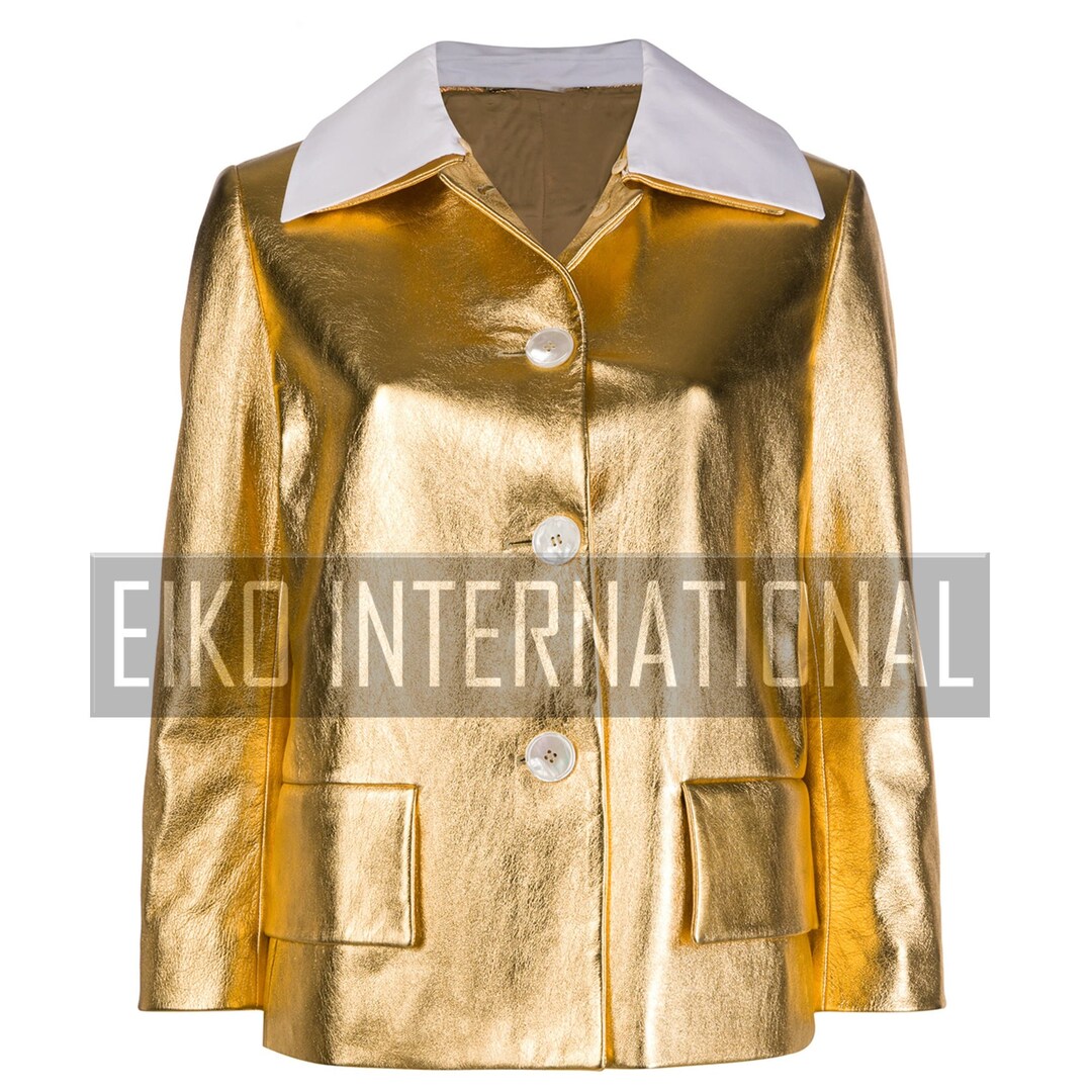 Women Metallic Gold Buttoned Jacket Women Real Leather Blazer - Etsy