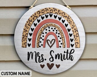 Personalized Teacher Sign Boho Classroom Rainbow Cheetah Door - Etsy