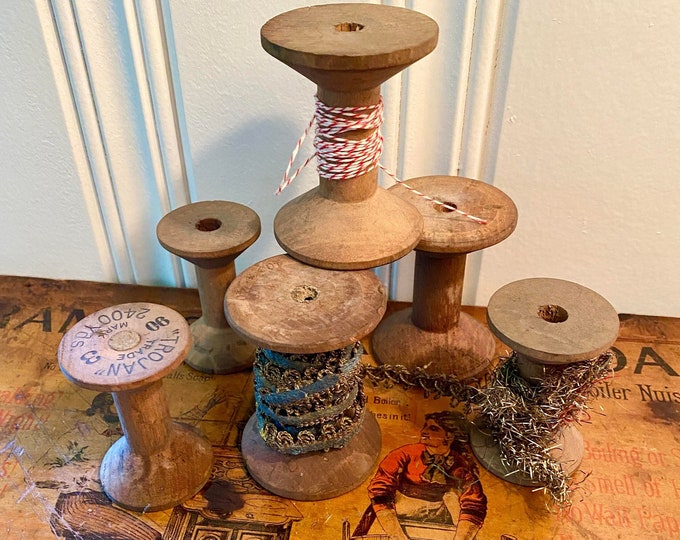 LOT of SIX Antique Wood Spools Industrial Textile Plain Wooden Thread ...