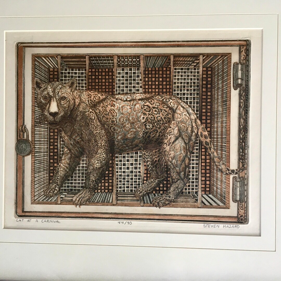 CAT AT A CARNIVAL Vintage Framed Signed Steven Hazard Artist Lithograph ...