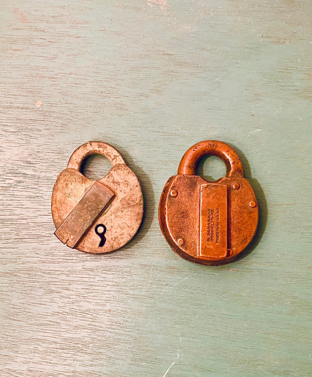 2 Antique 1800s Padlocks BRONZE Brooklyn New York Bohannan DATED 1885 ...