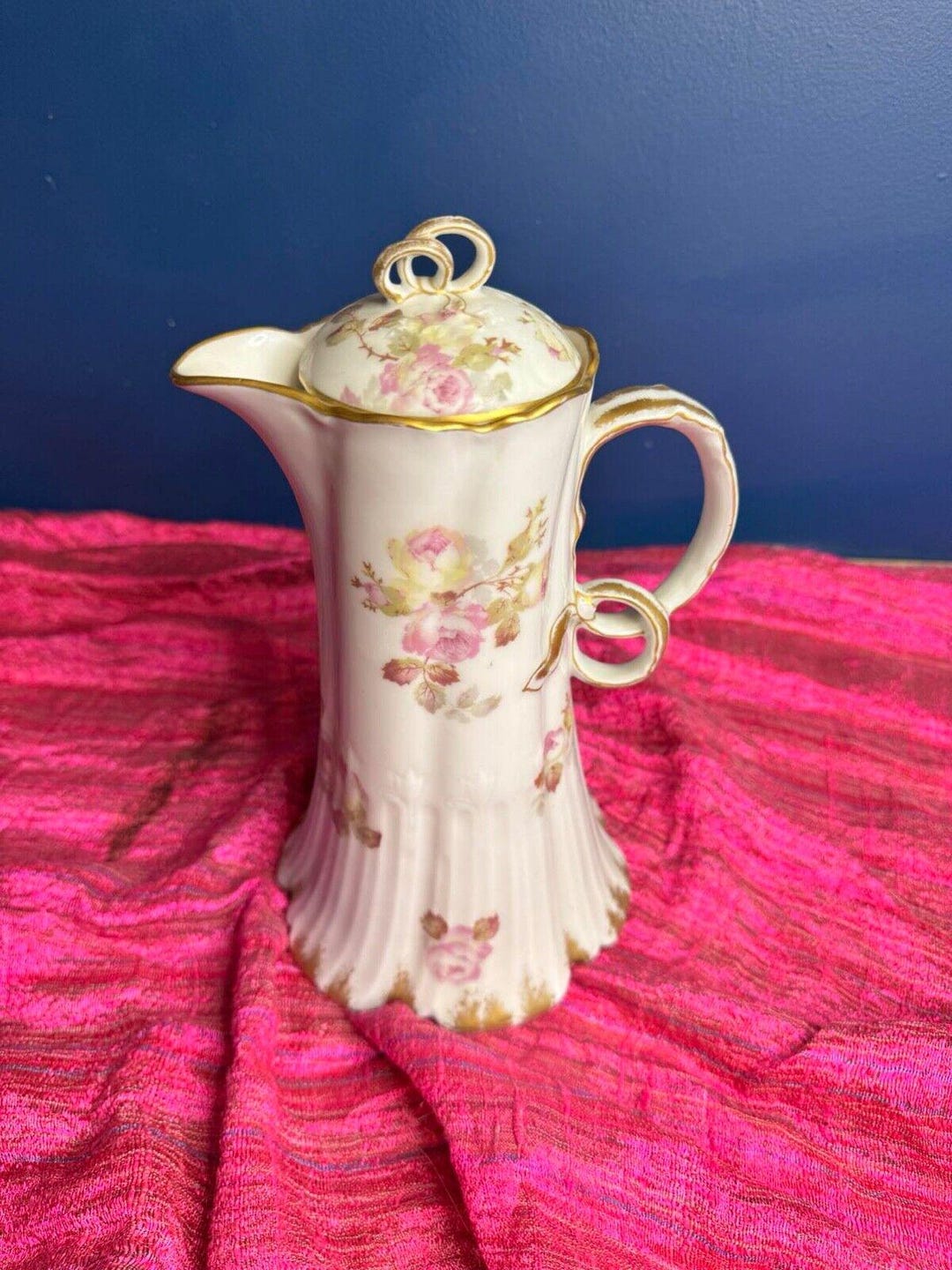 RARE FORM Antique Limoges French Porcelain Chocolate Pot Roses Wright ...