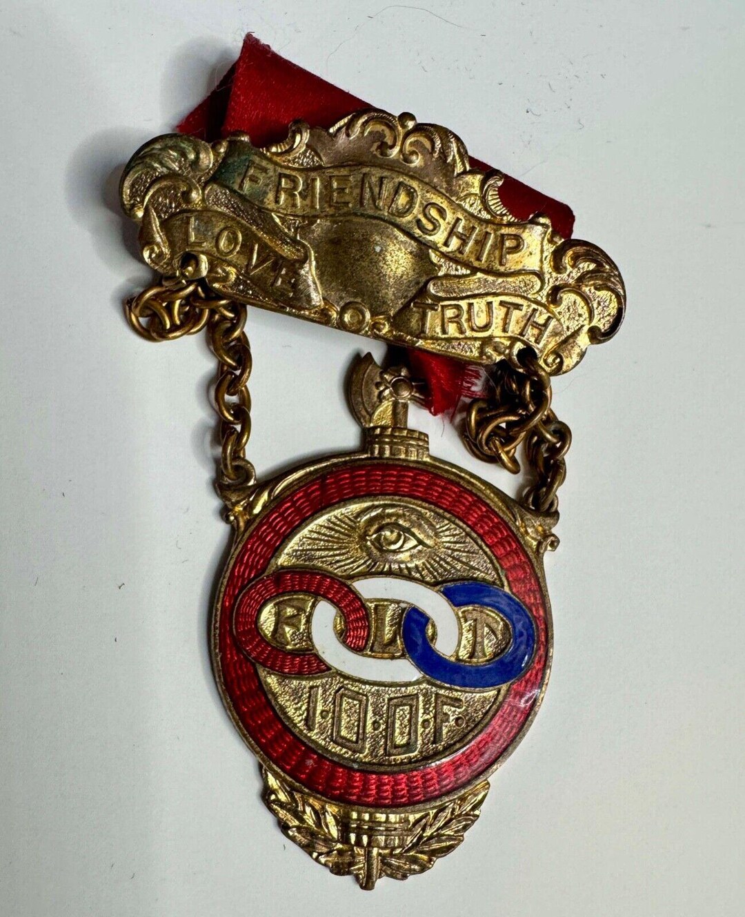 FRIENDSHIP LOVE and Truth Antique IOOF Odd Fellows Embossed Metal Badge ...