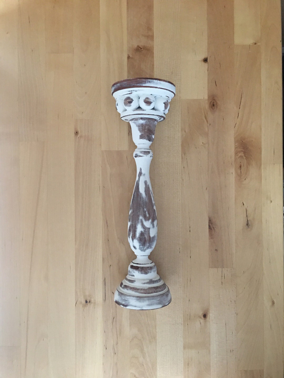 Handmade Wood and Clay Candlestick Holder Color: Linen White Distressed ...