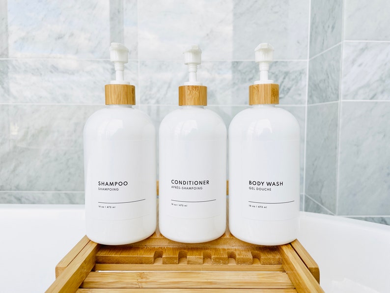 White PLASTIC Shampoo and Conditioner Bottles Custom Labels - Etsy Canada
